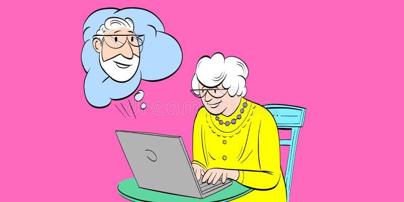 Elderly Woman Communicates on the Internet. Comics Cartoon Vector ...