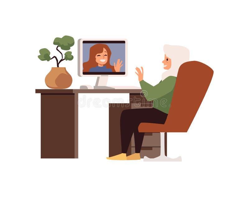 Elderly Woman Communicates Using Computer Flat Vector Illustration ...