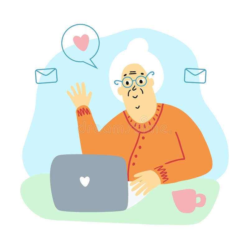 Elderly Lady Computer White Background Stock Illustrations – 121 ...