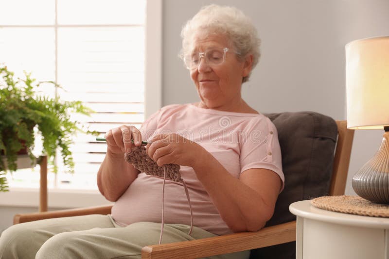 Elderly Woman Crocheting at Home. Creative Hobby Stock Photo - Image of ...