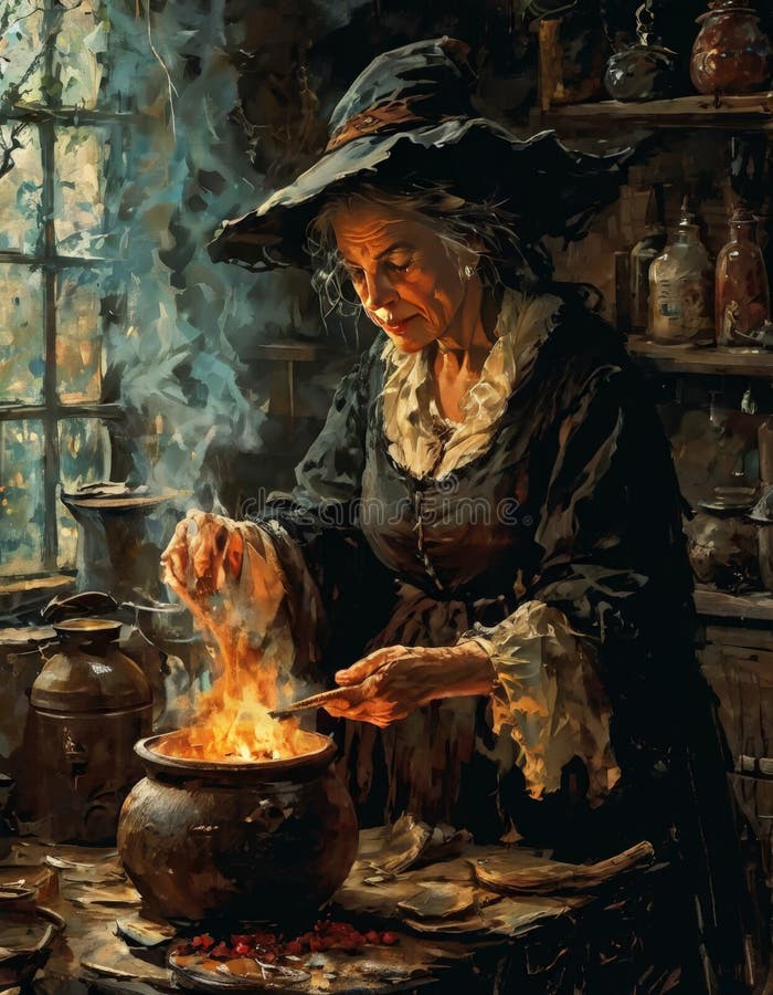 Elderly Witch Brewing a Potion in a Dark, Rustic Kitchen Stock Photo ...