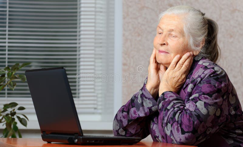 Portrait of Elderly Lady with Computer Stock Photo - Image of face ...