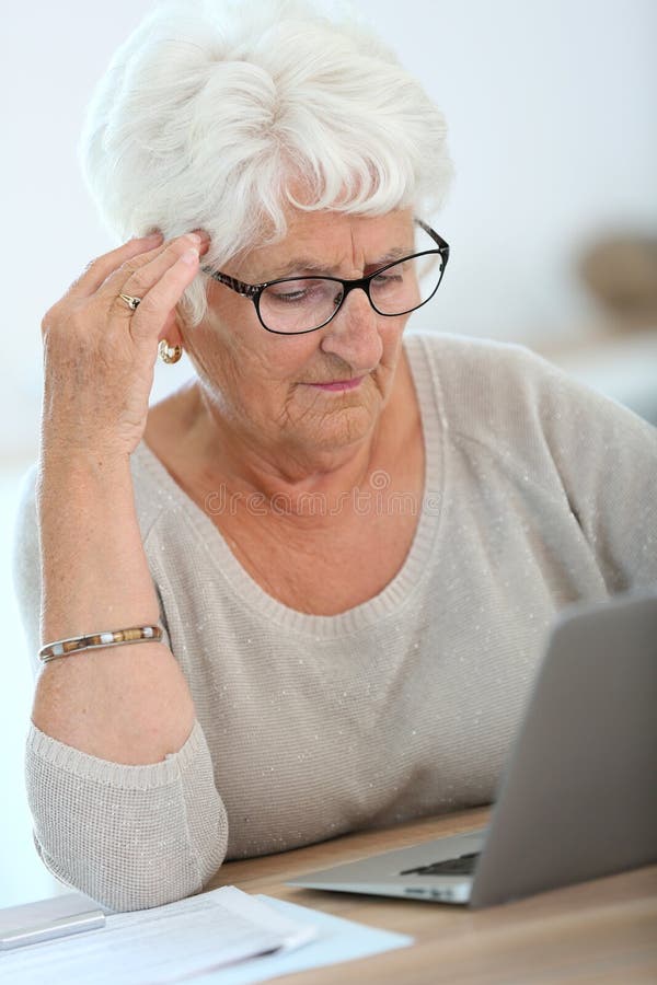 Elderly Woman Learning How To Use Laptop Stock Image - Image of home ...