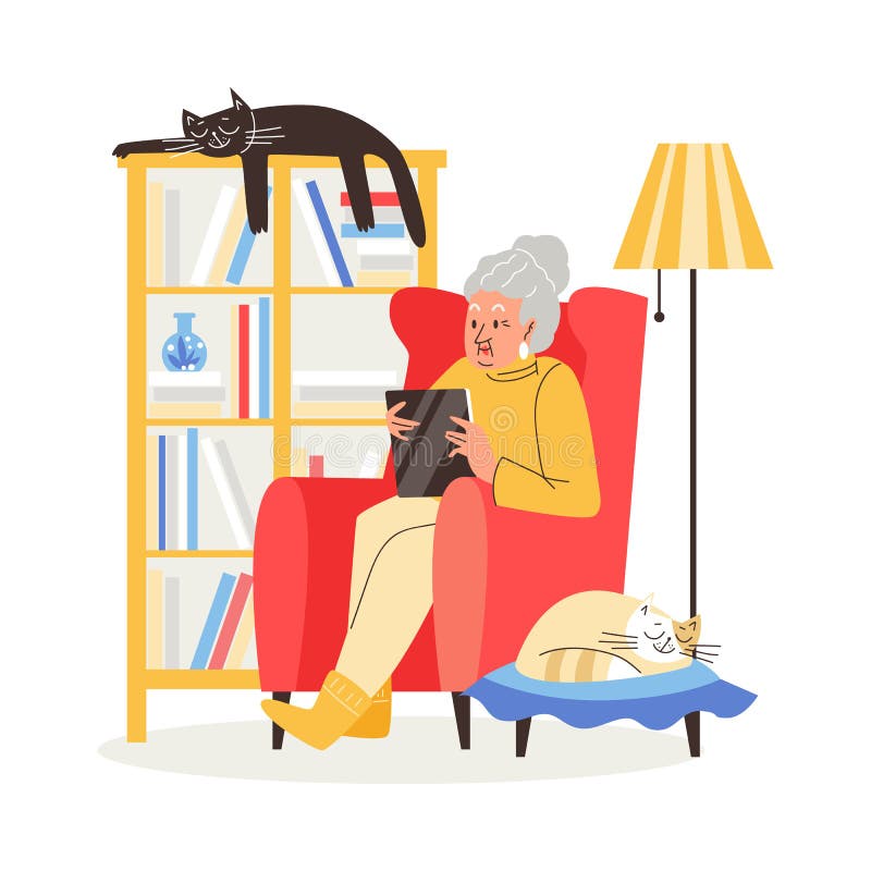 Elderly Woman Learning To Use Computer Gadget Flat Vector Illustration ...
