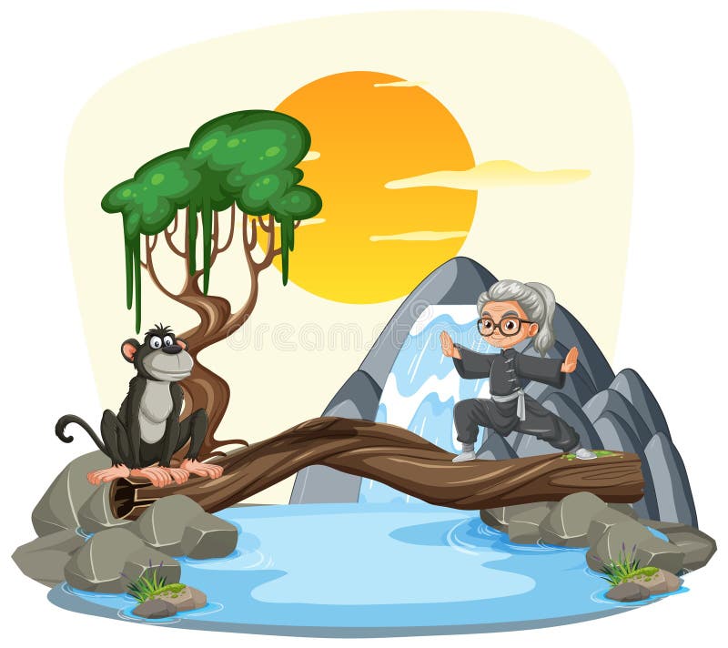 Elderly Woman and Monkey Sitting by a River Stock Vector - Illustration ...
