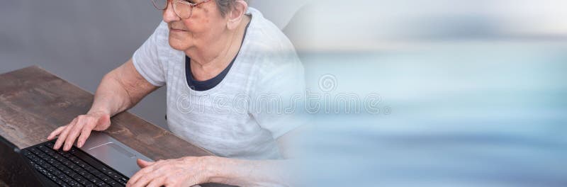 Elderly Woman and New Technologies. Panoramic Banner Stock Image ...