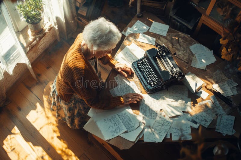 An Elderly Woman Types on a Classic Typewriter Surrounded by Letters ...