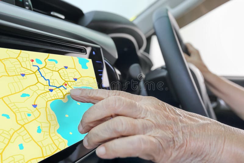 Elderly Woman Using GPS Navigation System in Car Stock Photo - Image of ...