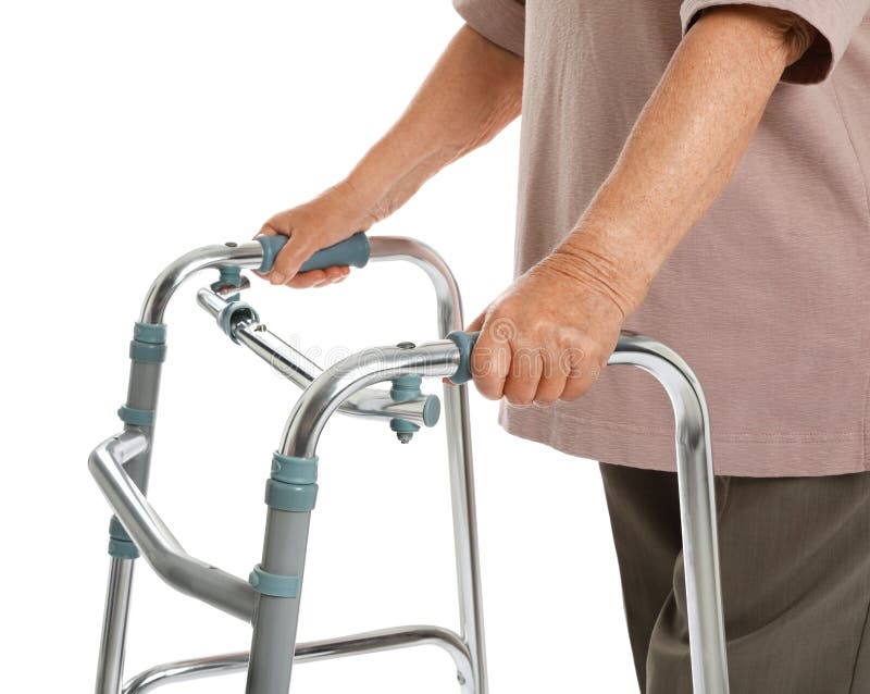 Elderly Woman Using Walking Frame Isolated on White, Stock Photo ...