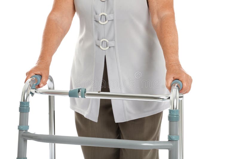 Elderly Woman Using Walking Frame Isolated on White, Stock Image ...