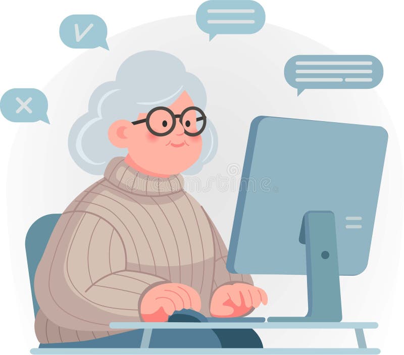 Elderly Woman Working on Computers Stock Vector - Illustration of ...