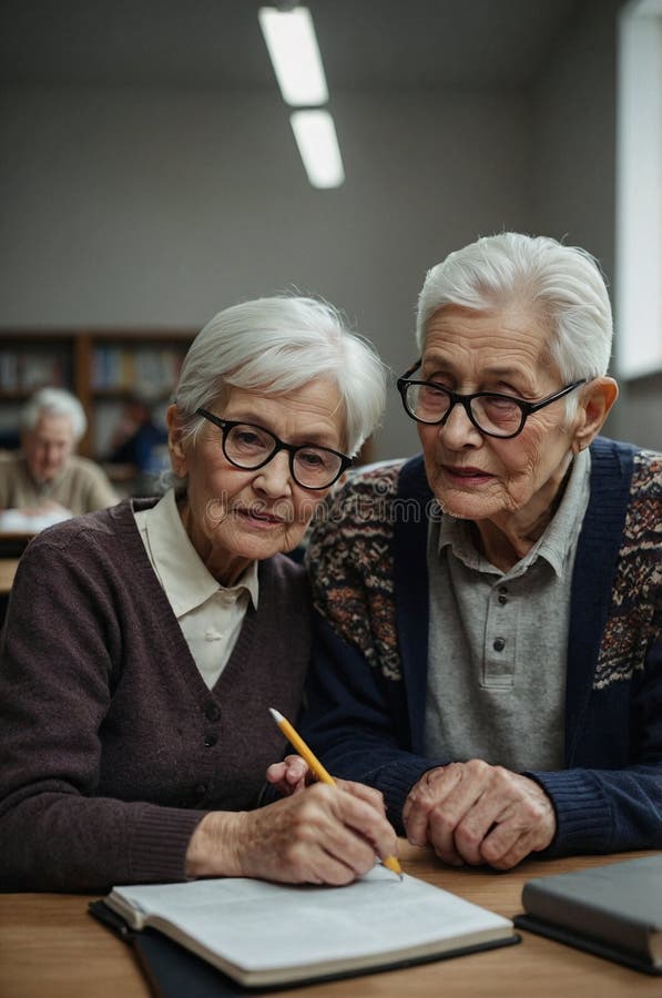 Elderly Women Studying Together in a Classroom Setting while Engaged in ...