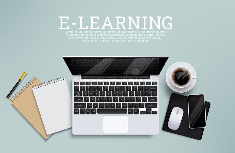 Elearning Education Vector Design. E-learning Text with Laptop and ...
