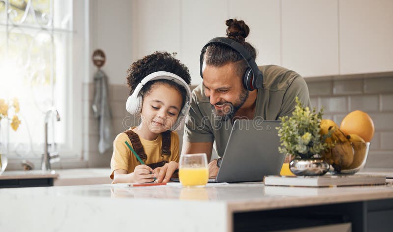 Elearning, Father and Child in Kitchen with Headphones, Laptop and ...