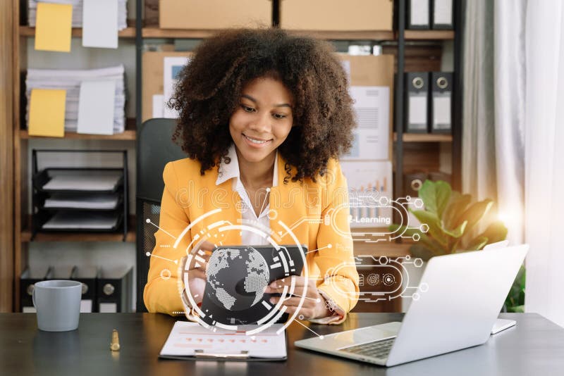 Elearning Online Working Concept. Businesswoman Working on Tablet and ...