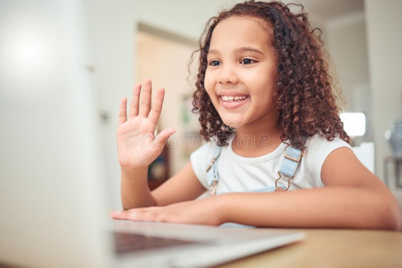 Elearning, Video Call and Child with Laptop in Online Class Wave Hello for Learning, Education ...