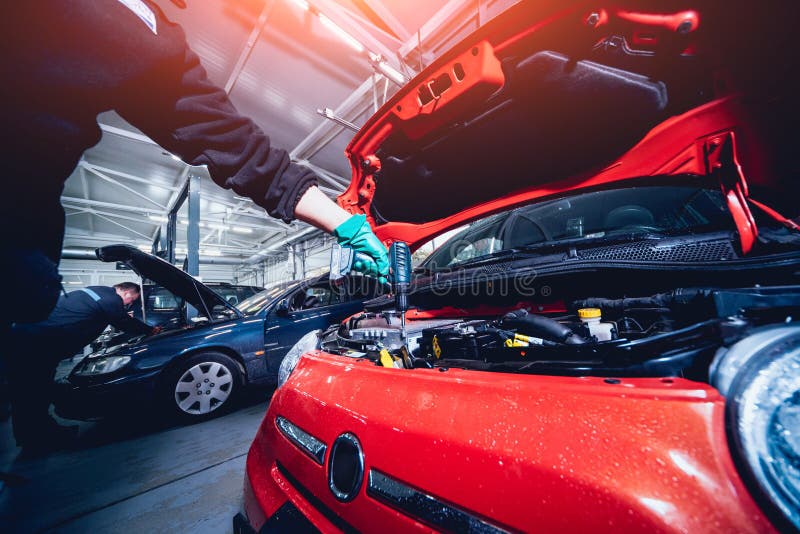 Electic Car with Open Hood. Details of Electric Car Engine Stock Image ...