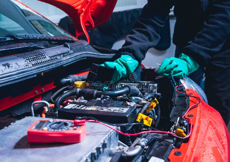 Electic Car with Open Hood. Details of Electric Car Engine Stock Photo ...