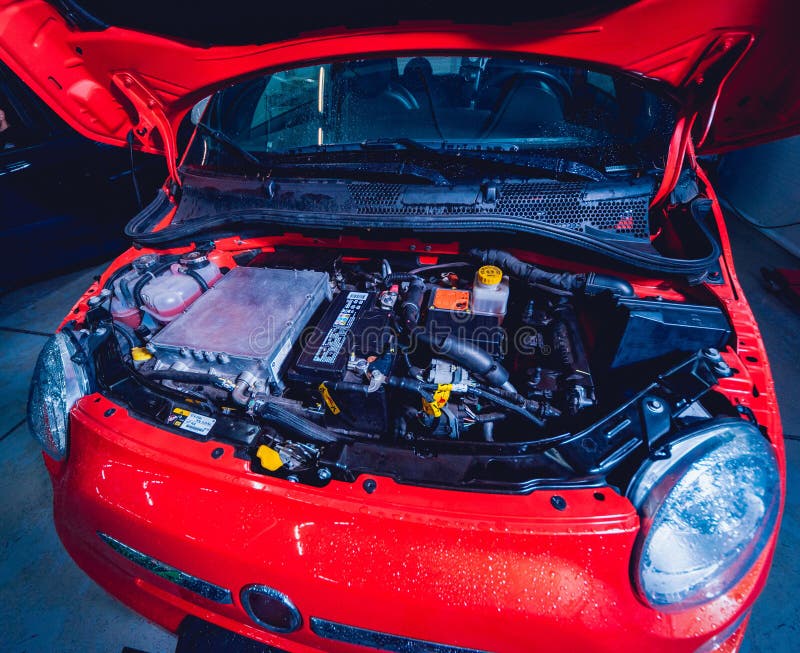 Electic Car with Open Hood. Details of Electric Car Engine Stock Photo ...