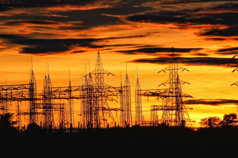 Electric Grid Power Station in Nice Orange Sky Backlit Background Stock ...