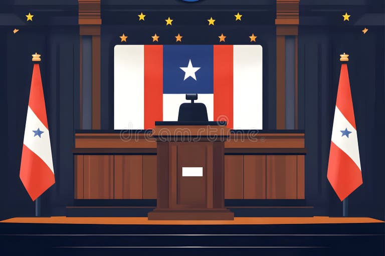 Political Stage Setup Featuring Podium, Flags, and Backdrop, Designed ...