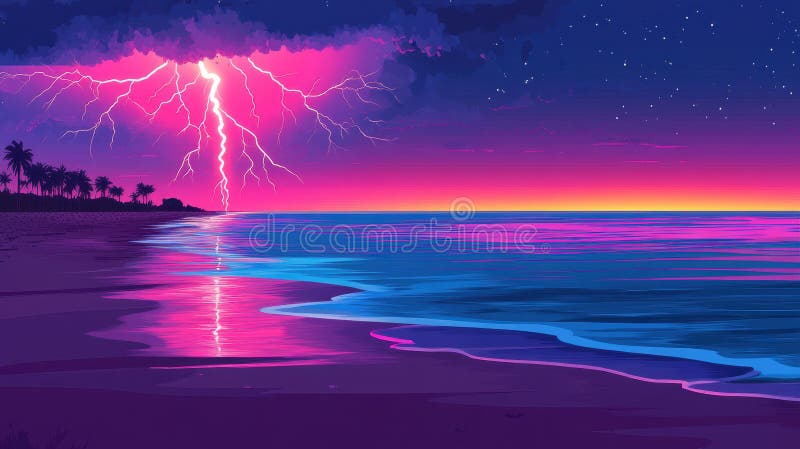 Electric Beach a Synthwave Storm Stock Photo - Image of tropical, stars ...