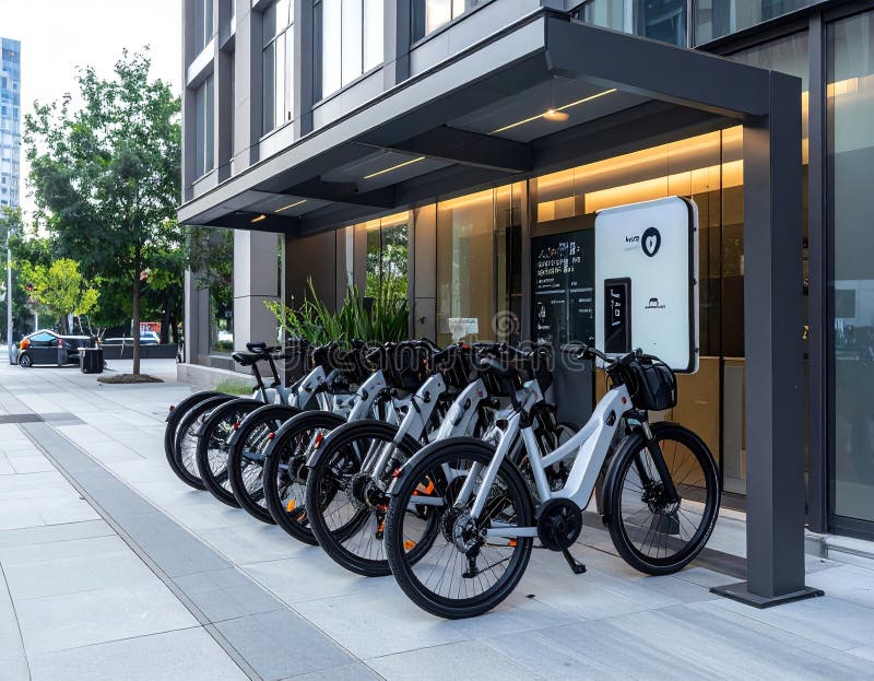 Electric Bike Sharing Station in Urban Setting Stock Image - Image of ...