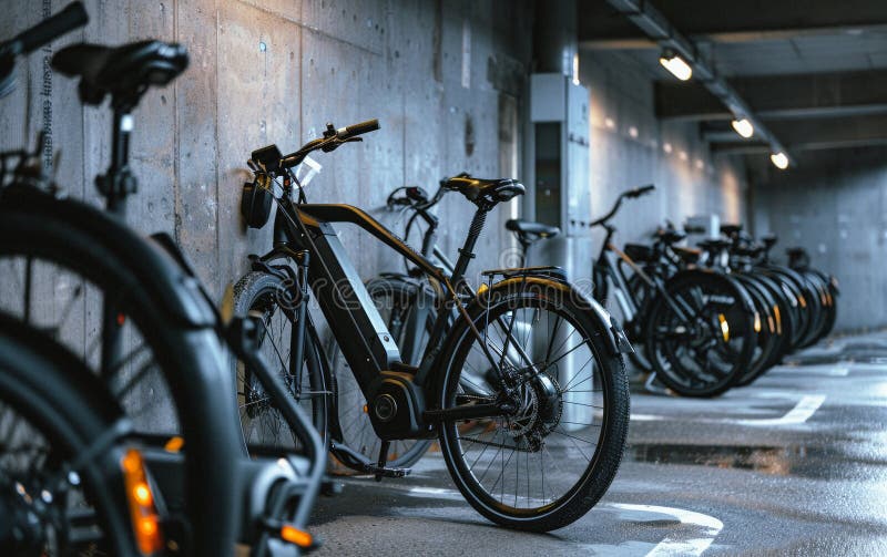 Electric Bikes Parked in Row in Underground Parking Lot. Stock Image ...
