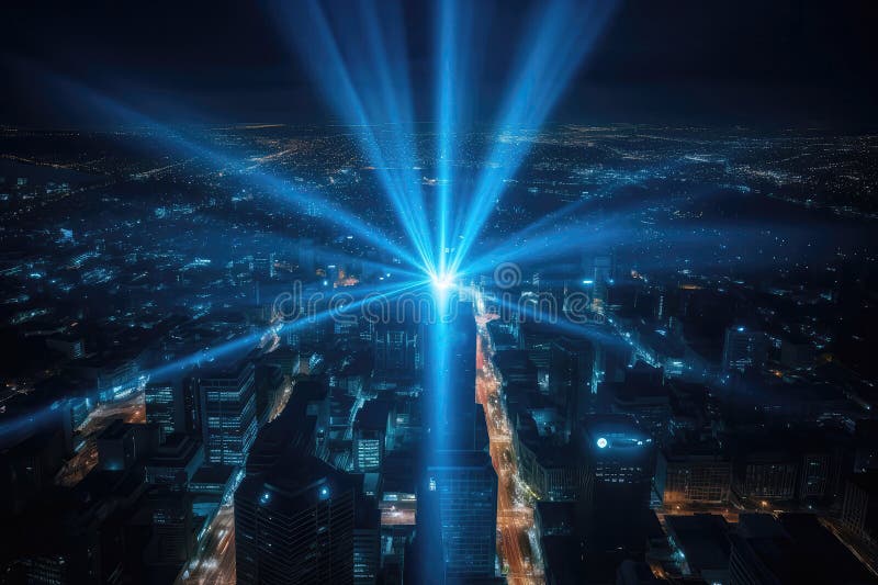 Electric Blue Beams of Light Piercing through City. Generative AI Stock ...
