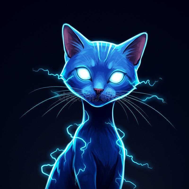 Electric Blue Cat with Glowing Eyes and Outlines, Surrounded by Vibrant ...