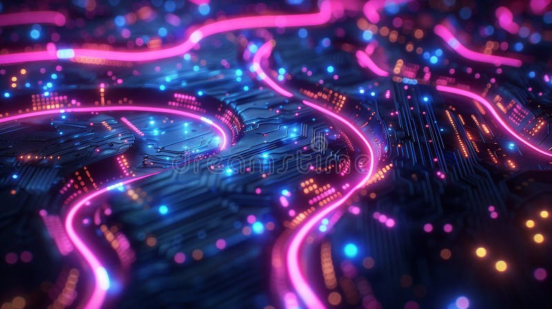 An Electric Blue Circuit Board with Glowing Lines and Lights in a Space ...