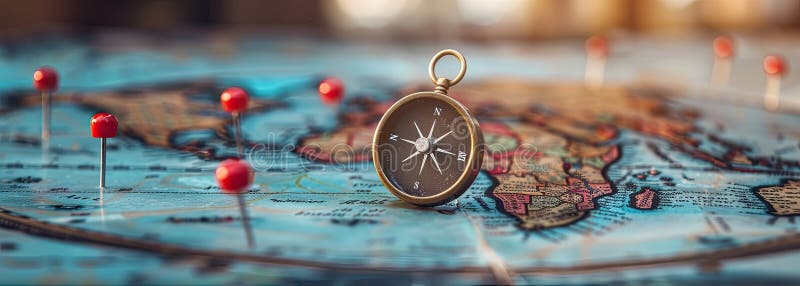 A Compass Rests on a World Map in Electric Blue Hues Stock Illustration ...