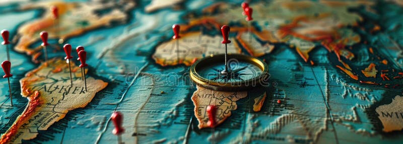 A Compass Rests on a World Map in Electric Blue Hues Stock Photo ...
