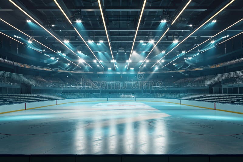 An Electric Blue Empty Ice Hockey Arena with Bright Lights on the ...