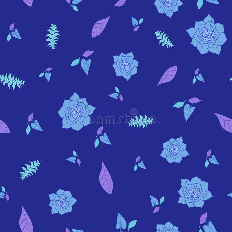 Electric Blue Flowers and Leaves Seamless Pattern Stock Illustration ...