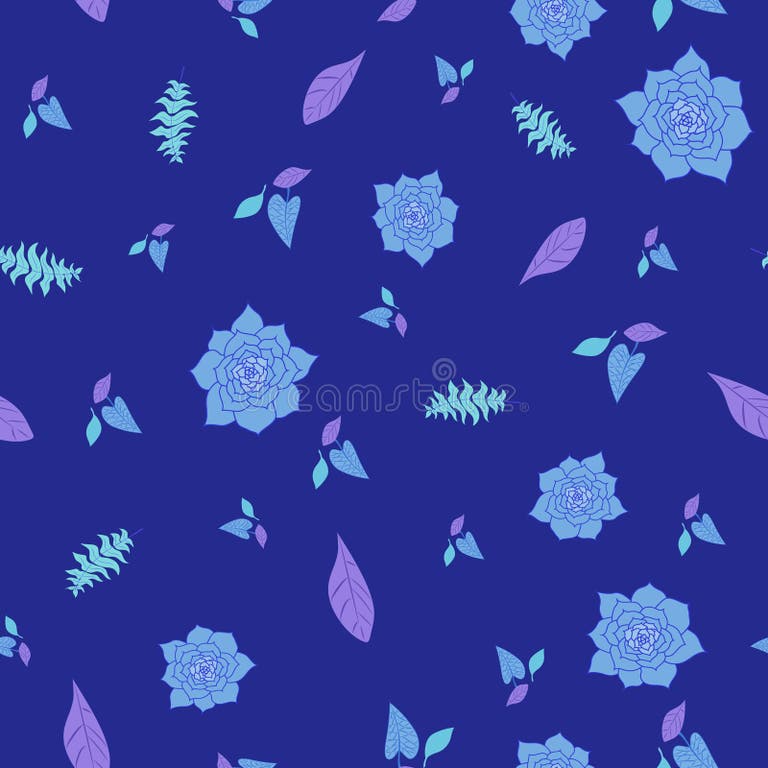 Electric Blue Flowers and Leaves Seamless Pattern Stock Illustration ...