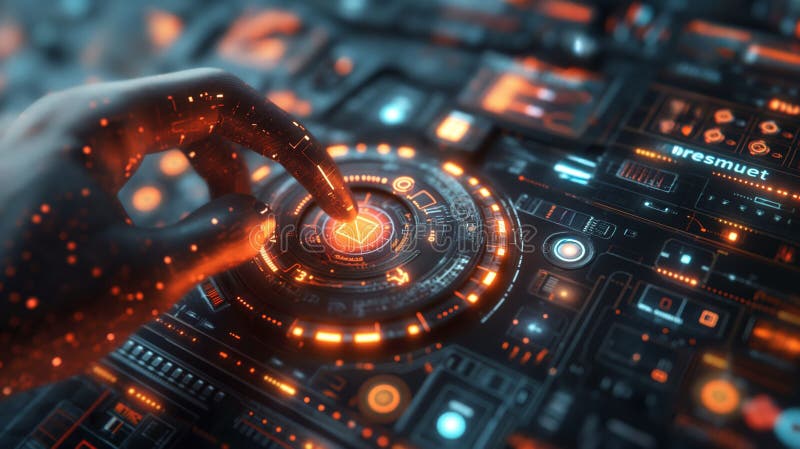 Sky Lighting Up As Futuristic Hand Presses Button on Computer Screen ...