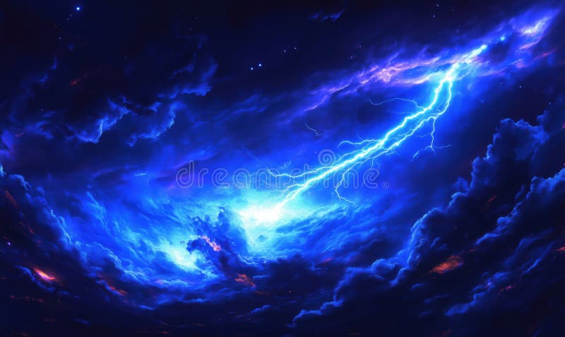 Electric Blue Lightning Striking through Cosmic Clouds, Vibrant Colors ...