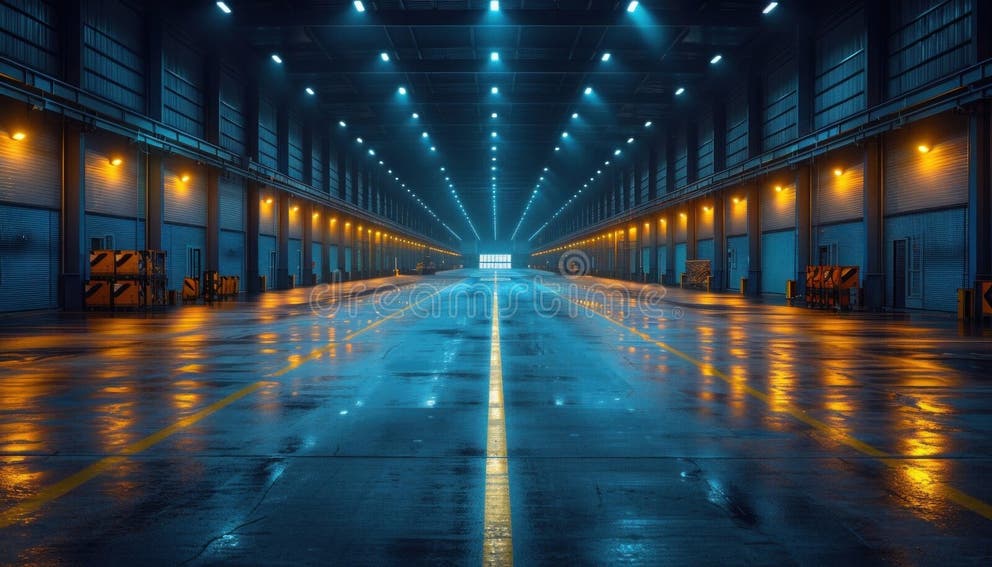An Electric Blue Lit Warehouse with Symmetrical Ceiling Lights Stock ...