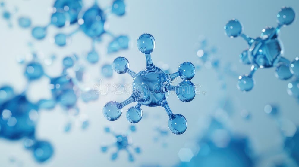 Electric Blue Molecules Float in Azure Liquid on a Blue Background ...