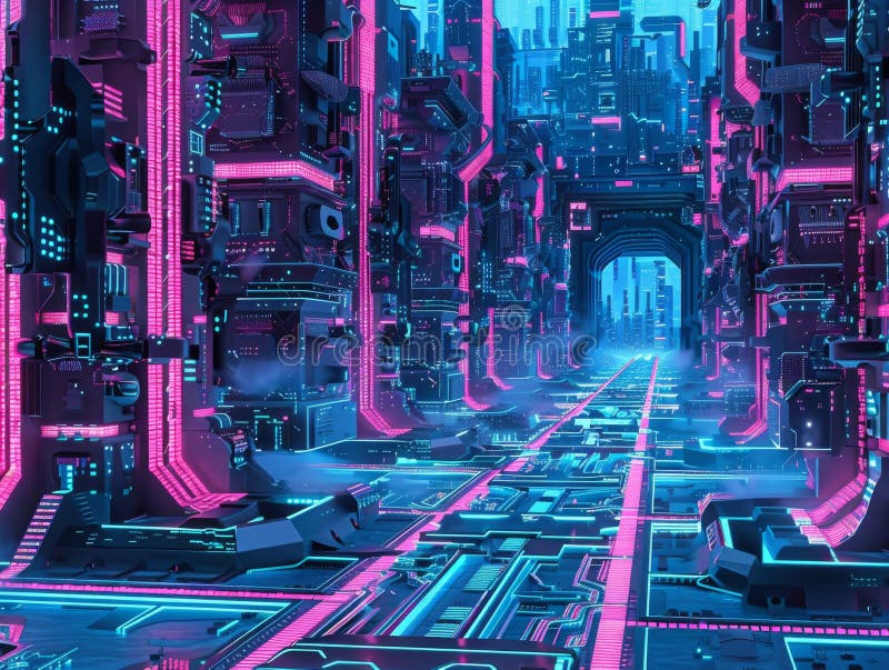 Electric Blue and Pink Pathways in a Microchip Mirroring a Digital ...