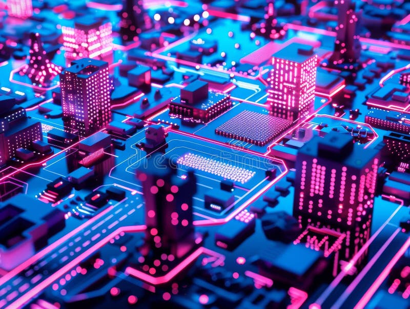 Electric Blue and Pink Pathways in a Microchip Mirroring a Digital ...