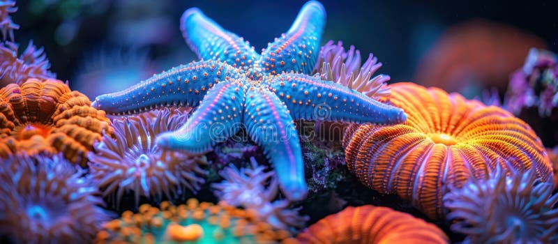 Electric Blue Starfish on Coral Close-up Stock Image - Image of ocean ...