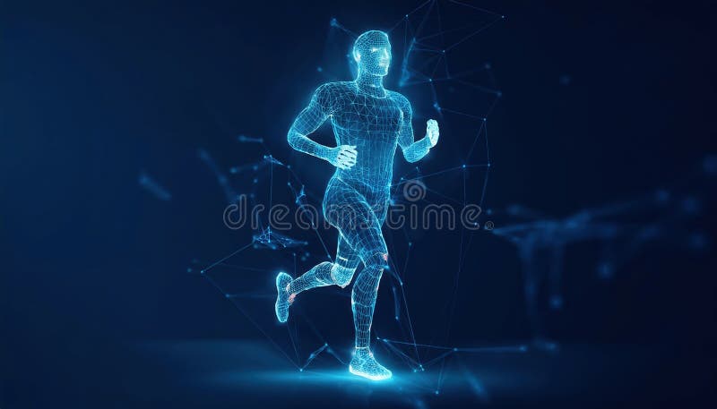 Electric Blue Wireframe Figure Represents a Runner in Dynamic Motion ...