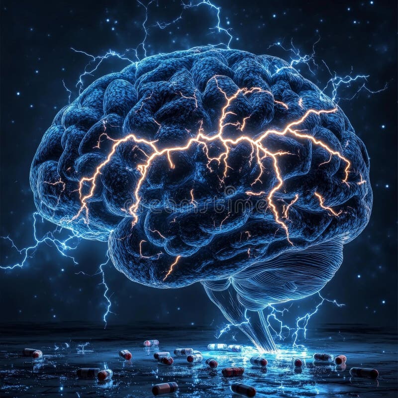 Electric Brain Concept, Brain Activity with Lightning Bolts ...