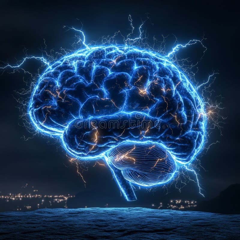 Electric Brain Concept, Brain Activity with Lightning Bolts ...