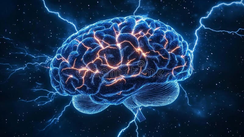 Electric Brain Concept, Brain Activity with Lightning Bolts ...