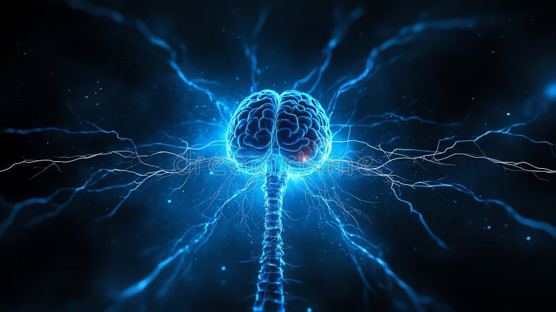 Electric Brain Illustration with Blue Energy Lightning on Dark ...