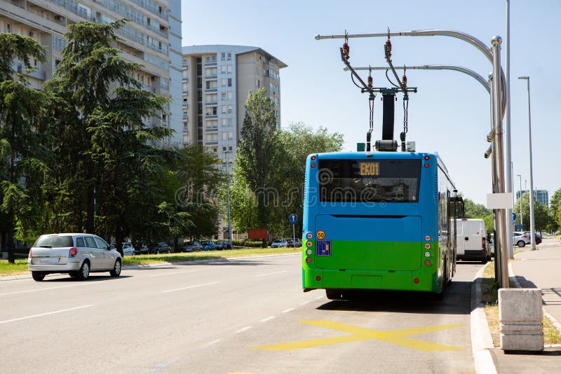 Electric bus at a stop stock photo. Image of roof, public - 191213524
