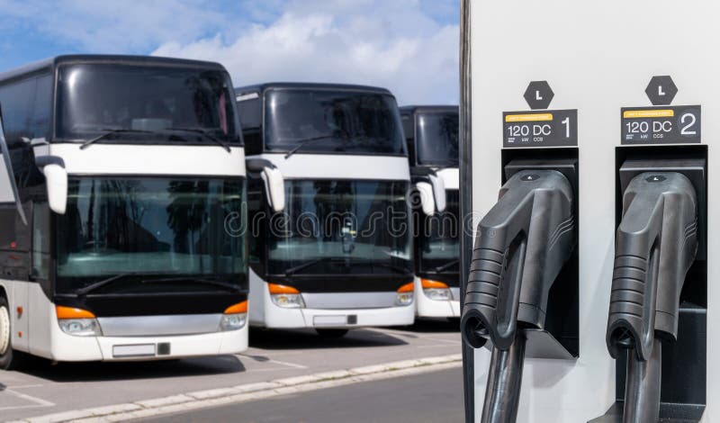 Electric Buses with Charging Station. Stock Photo - Image of public ...